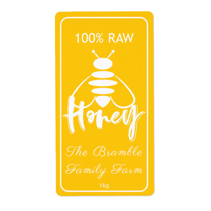 White 100% Raw Honey Bee Label On Yellow Apiary | Zazzle