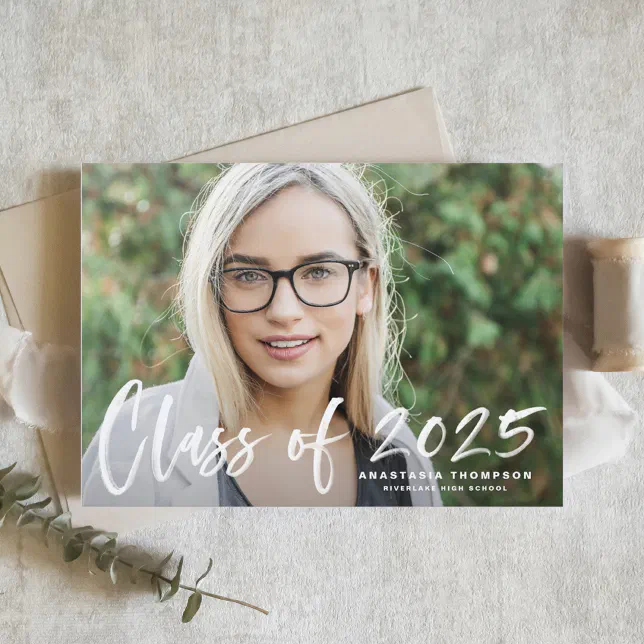 White 2025 Brush Lettering Photo Graduation Invitation | Zazzle