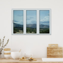 White 3 Pane Window Illusion Country and Mountains Poster | Zazzle