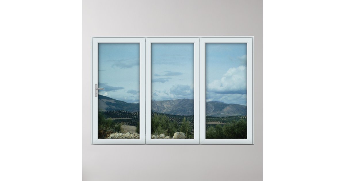 White 3 Pane Window Illusion Country and Mountains Poster | Zazzle