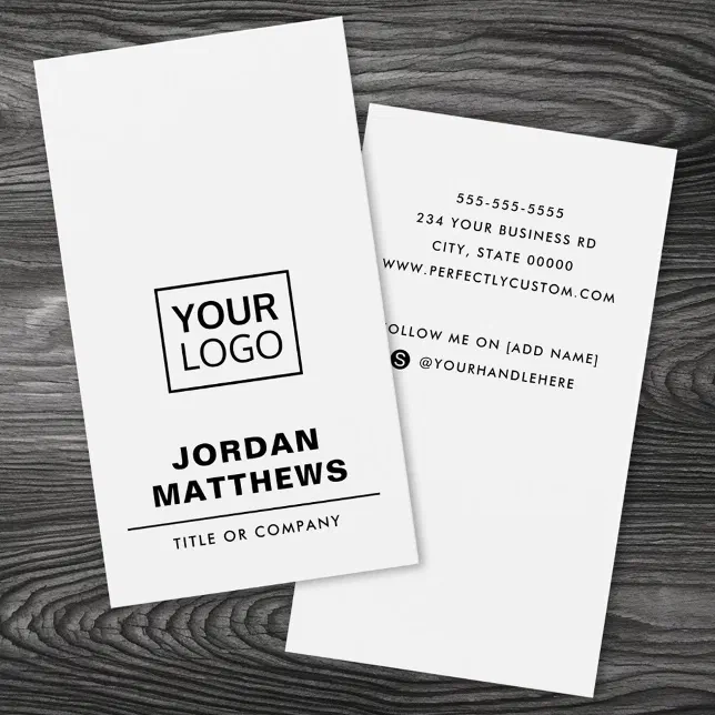 White add logo social media vertical business card | Zazzle