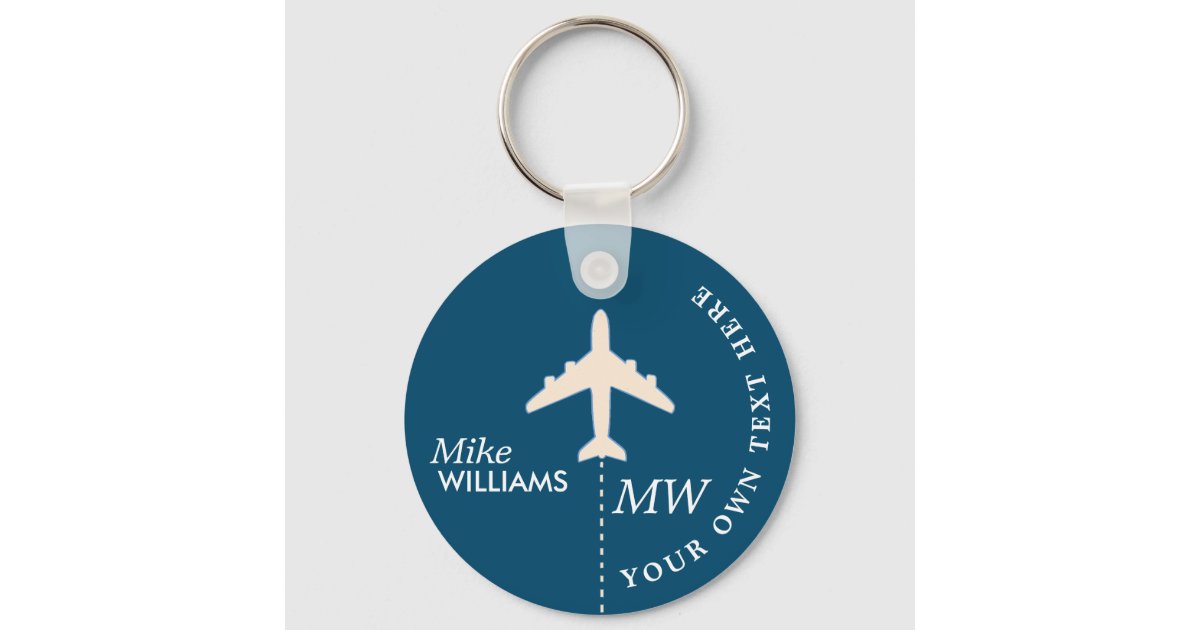 White Airplane on Blue Keychain with Name | Zazzle