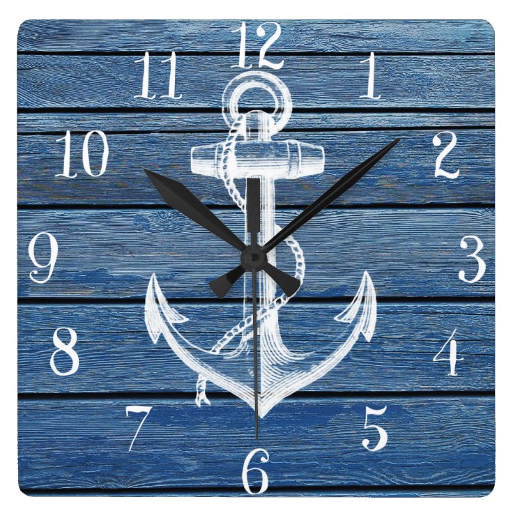 White Anchor And Vintage Blue Wood Square Wall Clock | Zazzle