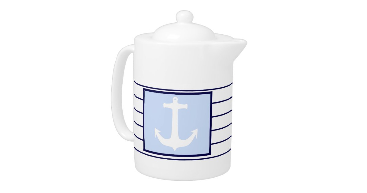White Anchor Captain Blue Stripes Sea Sailor Teapot | Zazzle