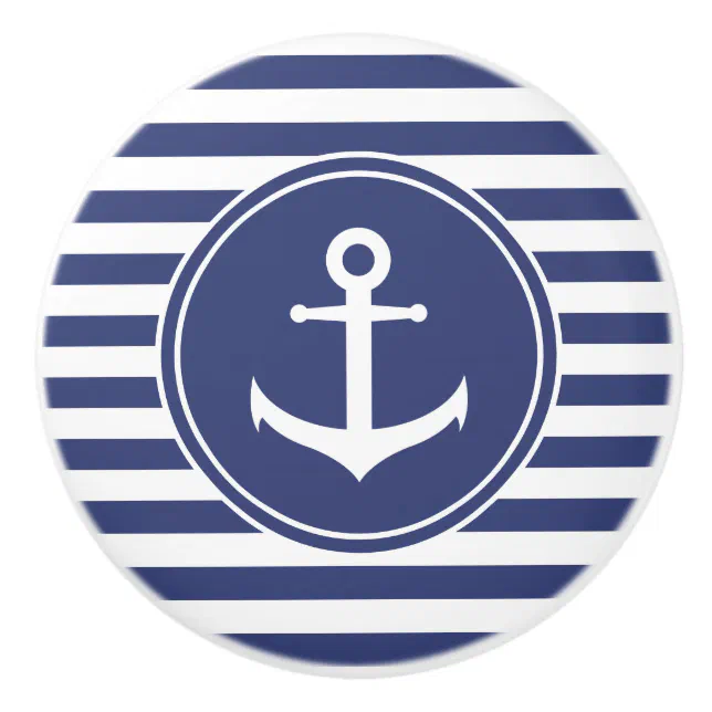 White Anchor in Dark Blue Circle on Stripes Ceramic Knob | Zazzle