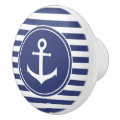 White Anchor in Dark Blue Circle on Stripes Ceramic Knob | Zazzle
