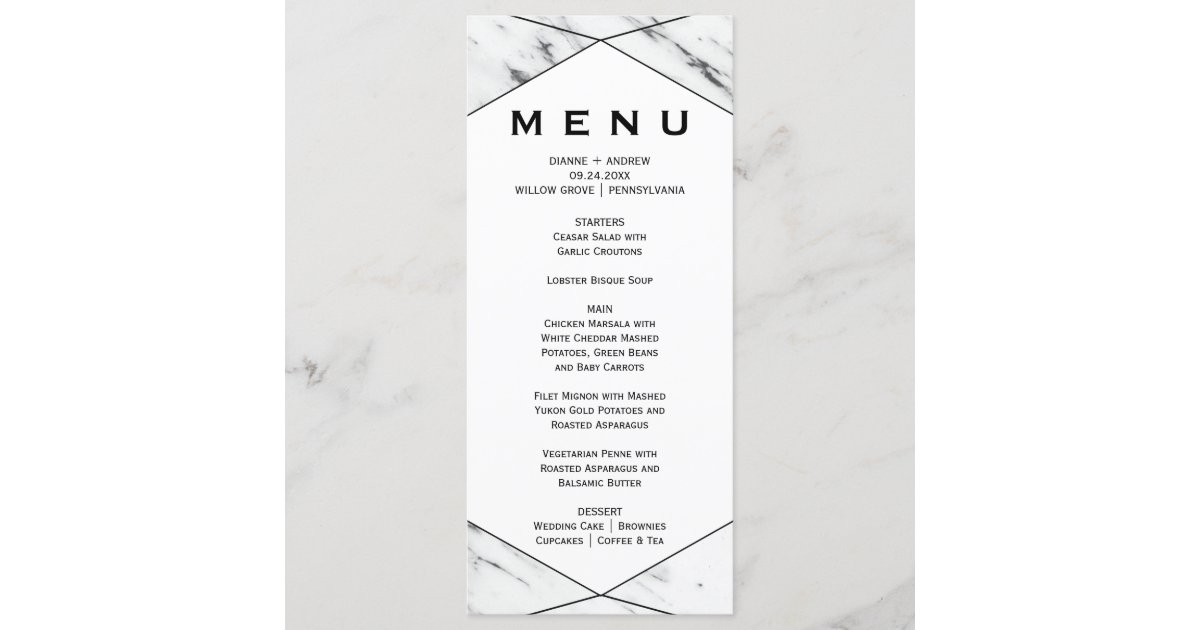 White and Black Geometric Marble Dinner Menu Card | Zazzle
