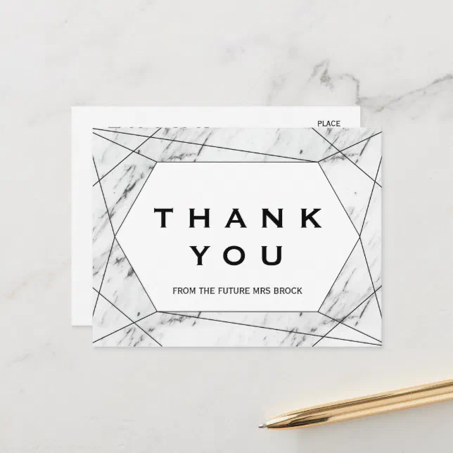 White and Black Geometric Marble Thank You Postcard | Zazzle