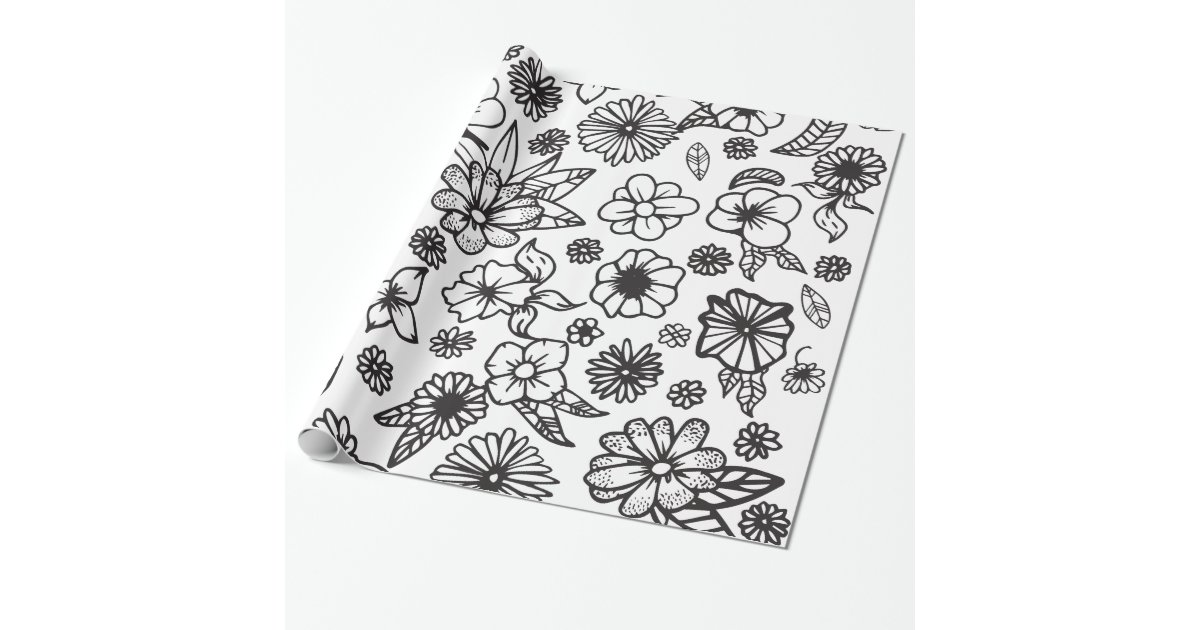 White and Black Hand Drawn Flowers and Foliage Wrapping Paper | Zazzle
