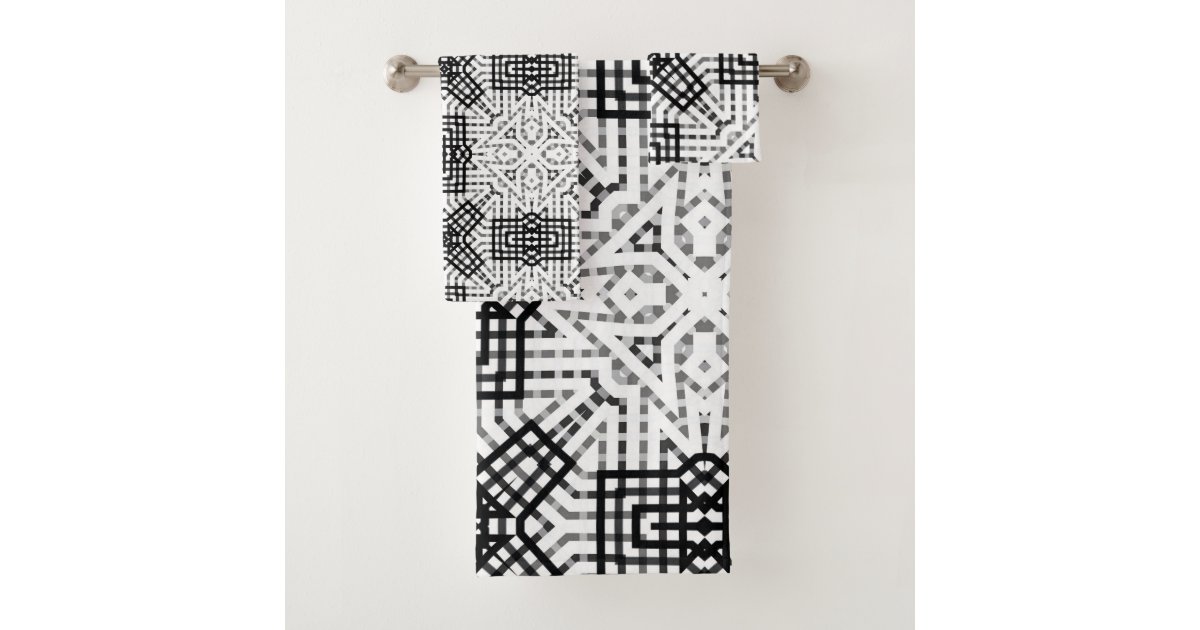White and black openwork geometric pattern Anna Bath Towel Set | Zazzle
