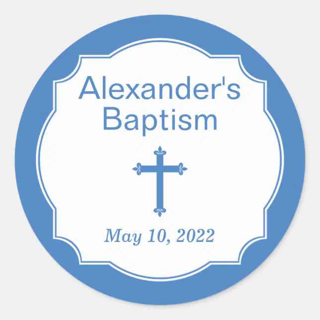 White and Blue Cross Baptism Round Sticker | Zazzle