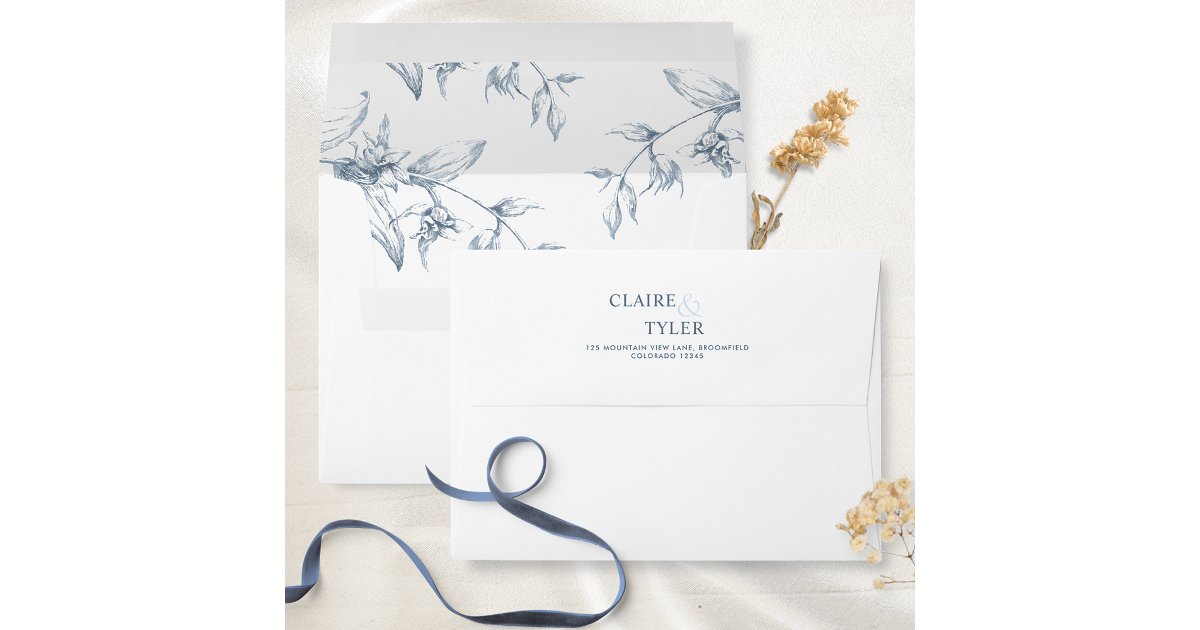 White and Blue Elegant Modern Floral Wedding Envel Envelope | Zazzle