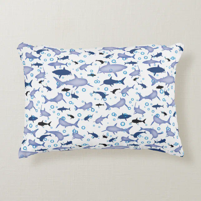 White and Blue Shark Silhouette Pattern Accent Pillow | Zazzle