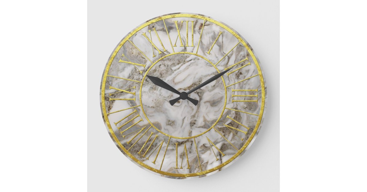 White and Brown Marble Golden Roman Numerals Large Clock | Zazzle