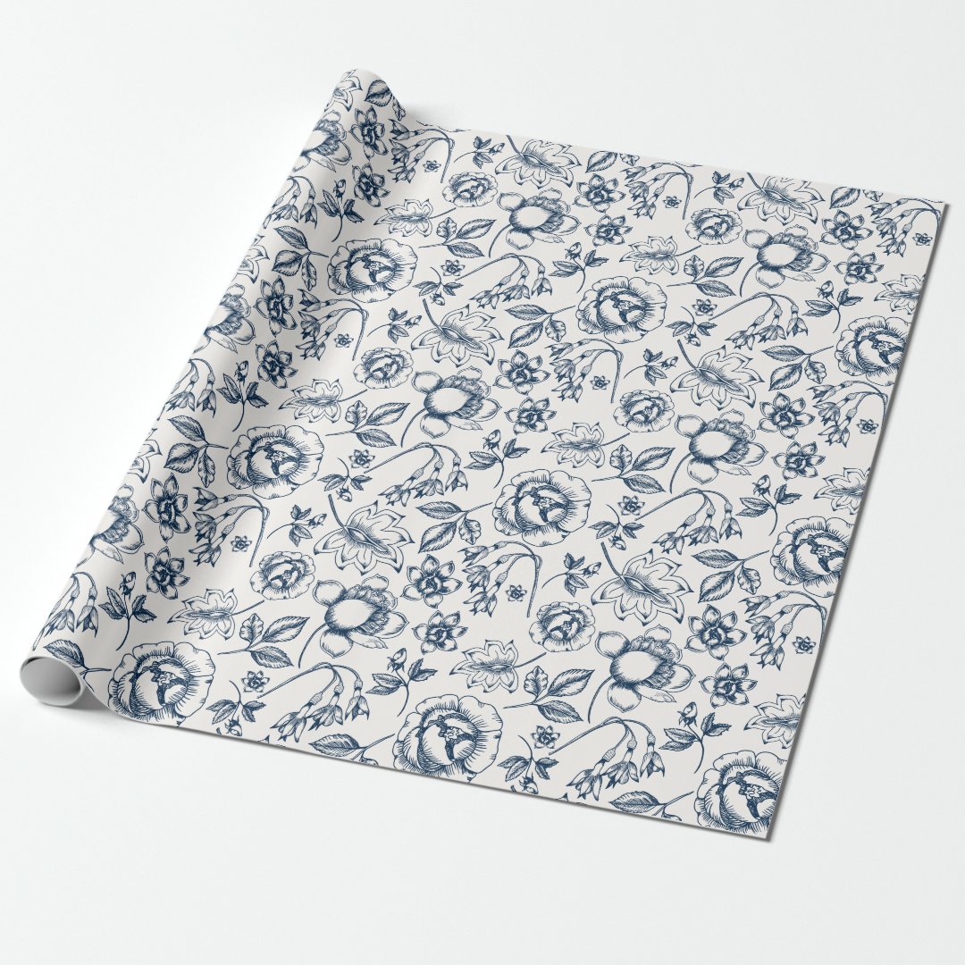 White and Classic Blue Floral Wrapping Paper | Zazzle