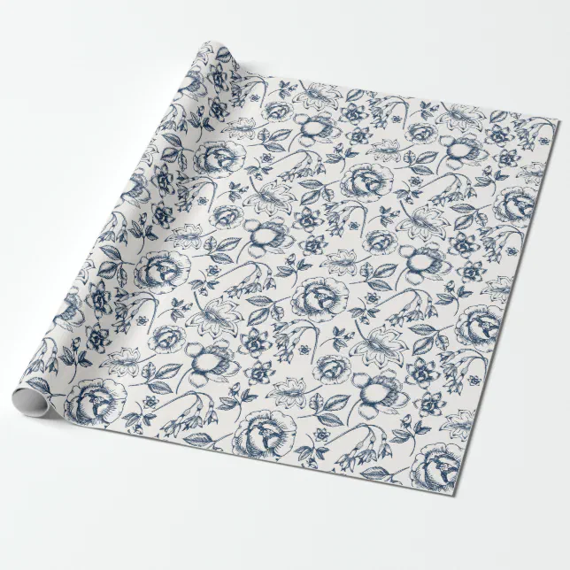 White and Classic Blue Floral Wrapping Paper | Zazzle