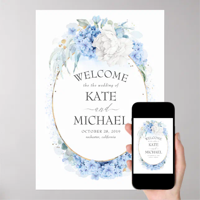 White and Dusty Blue Floral Wedding Welcome Poster | Zazzle
