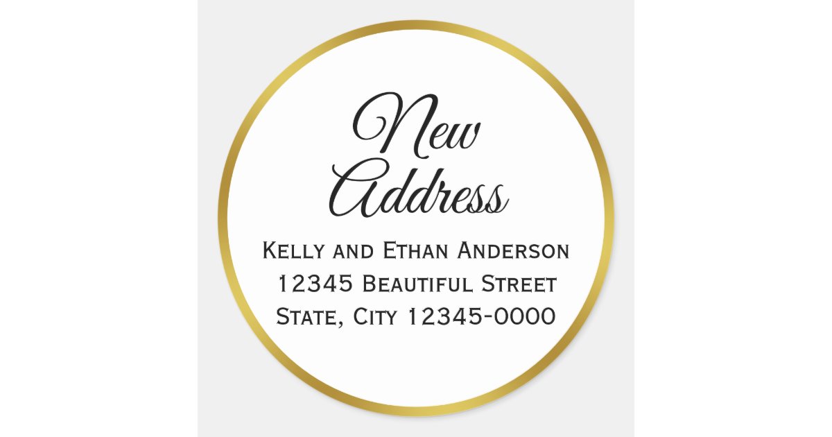 White and Faux Gold New Address Classic Round Sticker | Zazzle