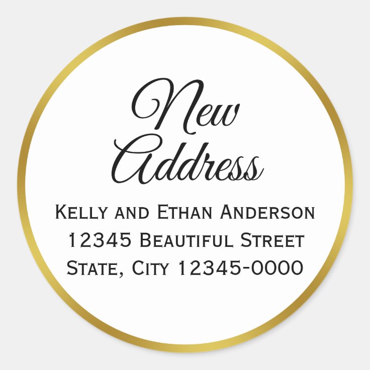 White and Faux Gold New Address Classic Round Sticker | Zazzle