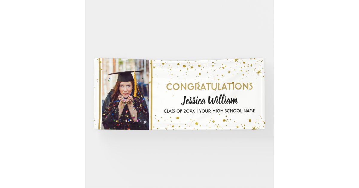 White And Gold Confetti Graduate Photo Graduation Banner | Zazzle