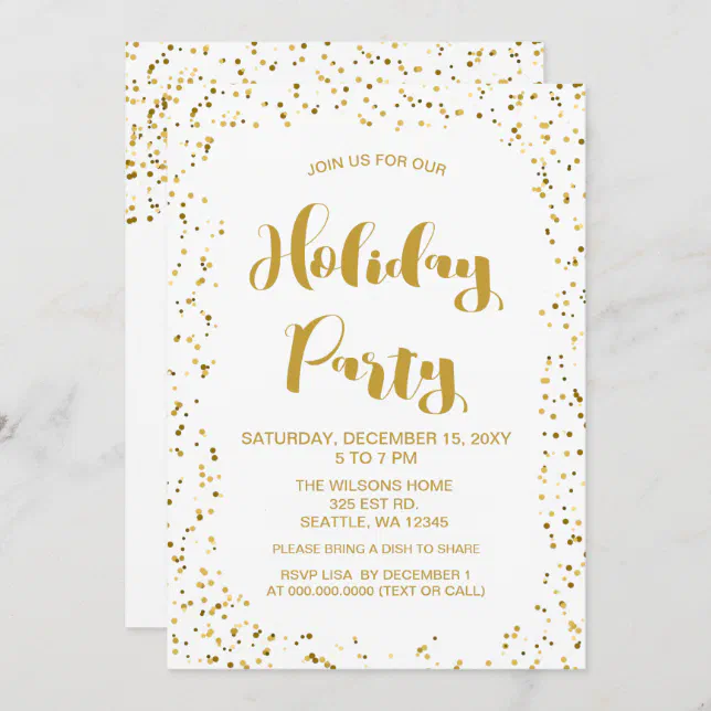 White and Gold confetti Modern holiday Party Invitation | Zazzle