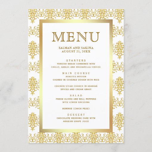 White and Gold Damask Islamic Muslim Wedding Menu | Zazzle