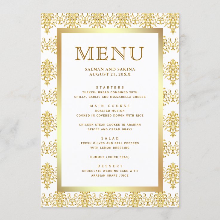 White and Gold Damask Islamic Muslim Wedding Menu | Zazzle