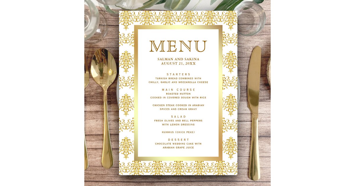White and Gold Damask Islamic Muslim Wedding Menu | Zazzle