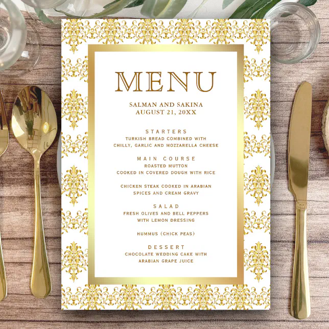 White and Gold Damask Islamic Muslim Wedding Menu | Zazzle