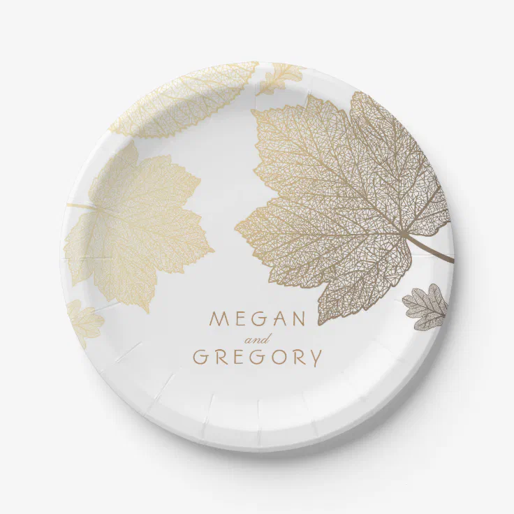 White and Gold Fall Leaves Wedding Paper Plates | Zazzle