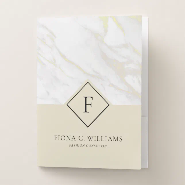 White and gold faux marble beige background pocket folder | Zazzle