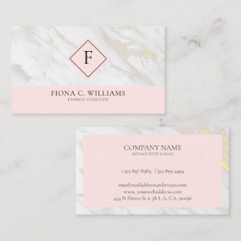 White and gold faux marble solid pink business card | Zazzle
