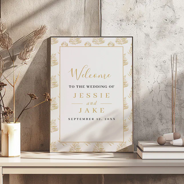White and Gold fern leaf Wedding Welcome sign | Zazzle