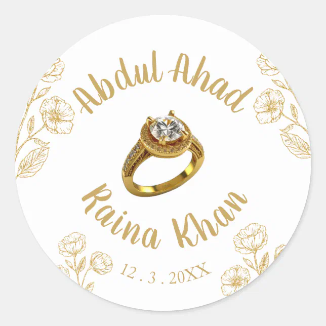 White and Gold Floral Engagement Ring Classic Round Sticker | Zazzle