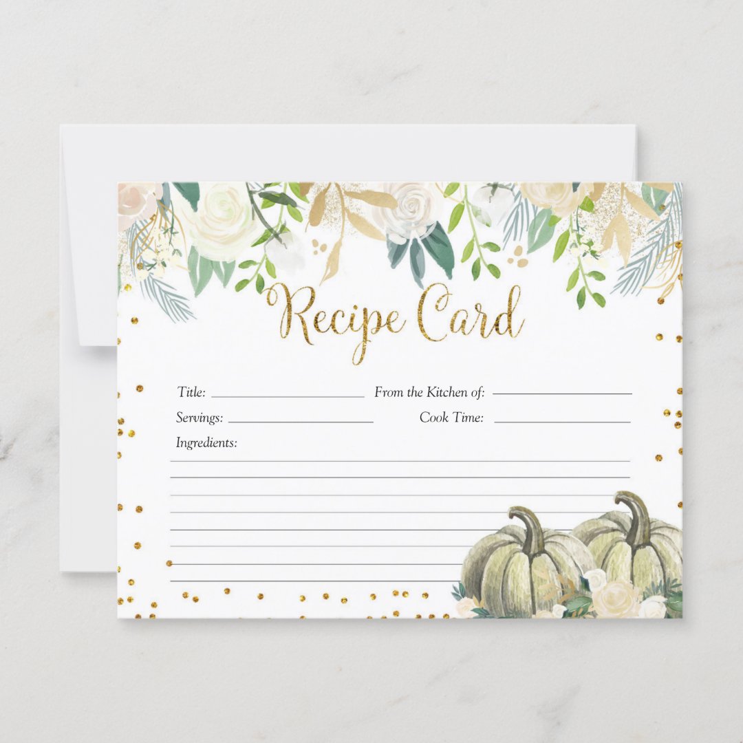 White and Gold Floral Pumpkin Recipe Card | Zazzle