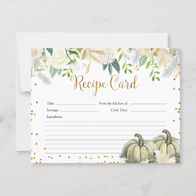 White and Gold Floral Pumpkin Recipe Card | Zazzle