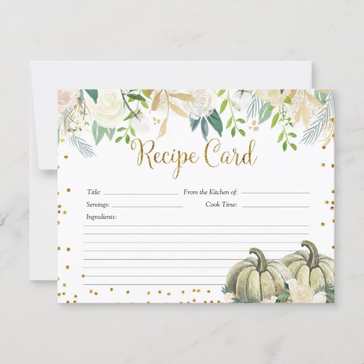 White and Gold Floral Pumpkin Recipe Card | Zazzle