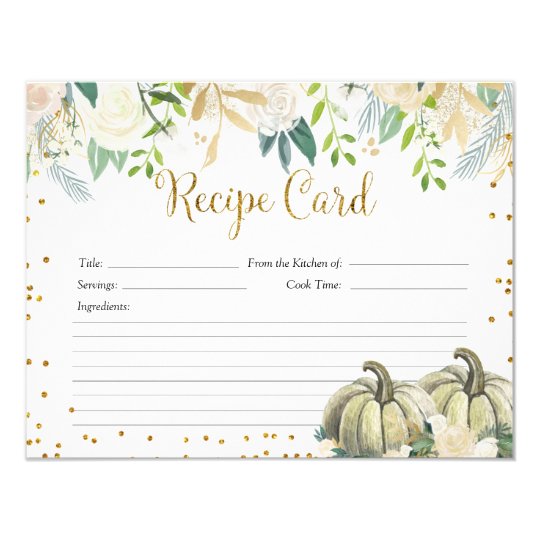 White and Gold Floral Pumpkin Recipe Card | Zazzle.com