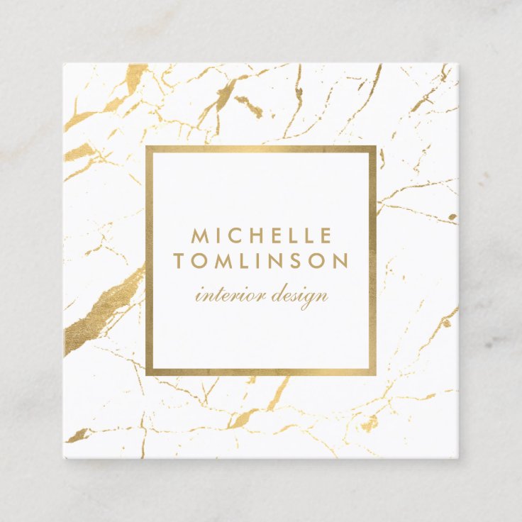 White and Gold Marble Designer Square Business Card | Zazzle
