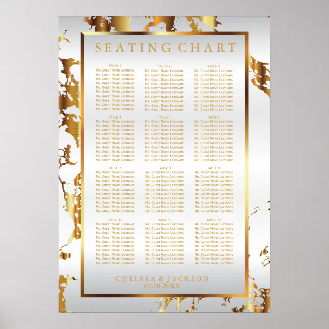 White and Gold Marble - Seating Chart (12) | Zazzle