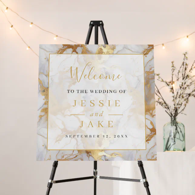 White and gold marble Wedding Welcome sign | Zazzle