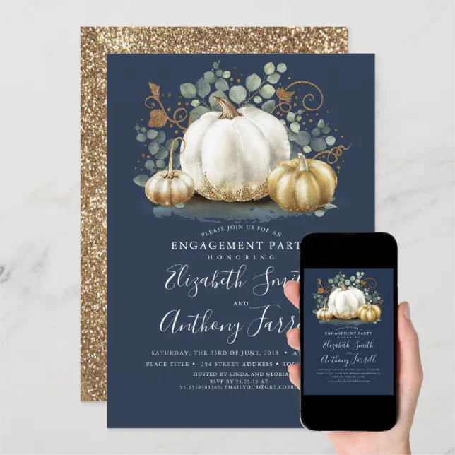 White and Gold Pumpkins Fall Engagement Party Invi Invitation | Zazzle