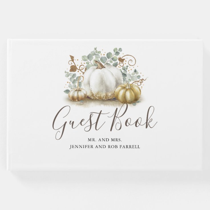 White and Gold Pumpkins Fall Wedding Guest Book | Zazzle