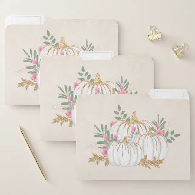 White and Gold Pumpkins Watercolor File Folder | Zazzle