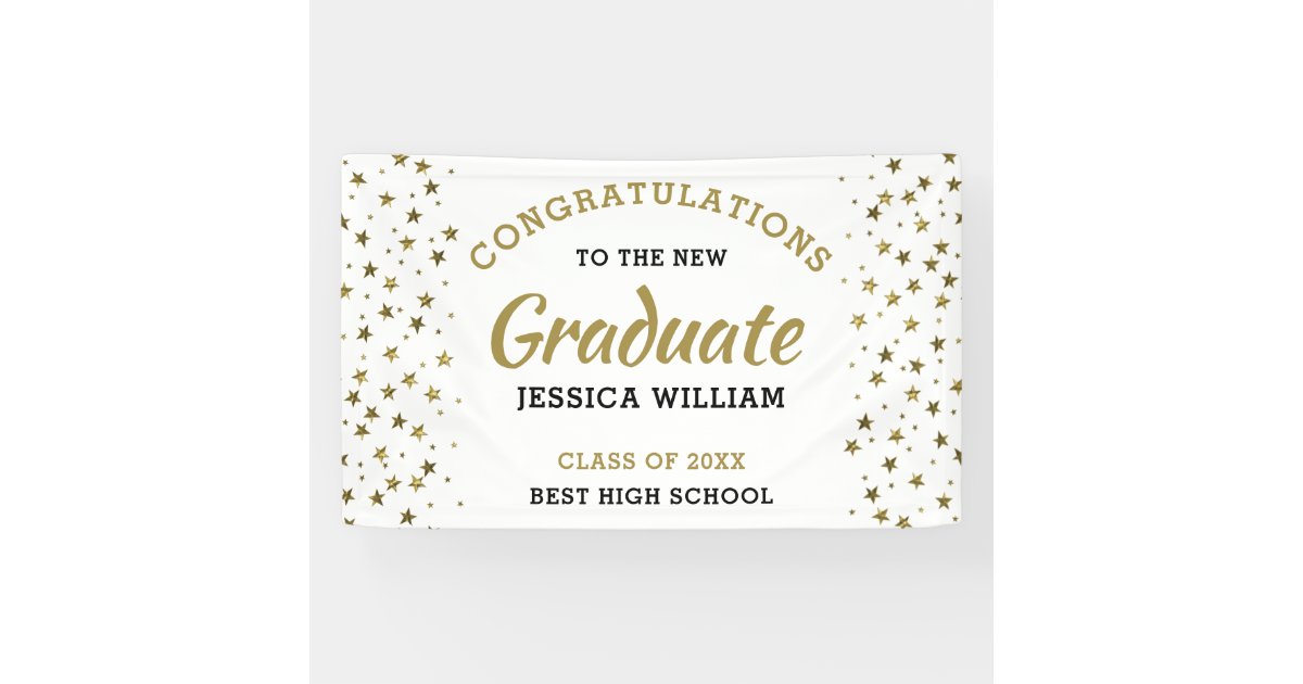 White And Gold Stars Congrats Grad Graduation 2023 Banner | Zazzle