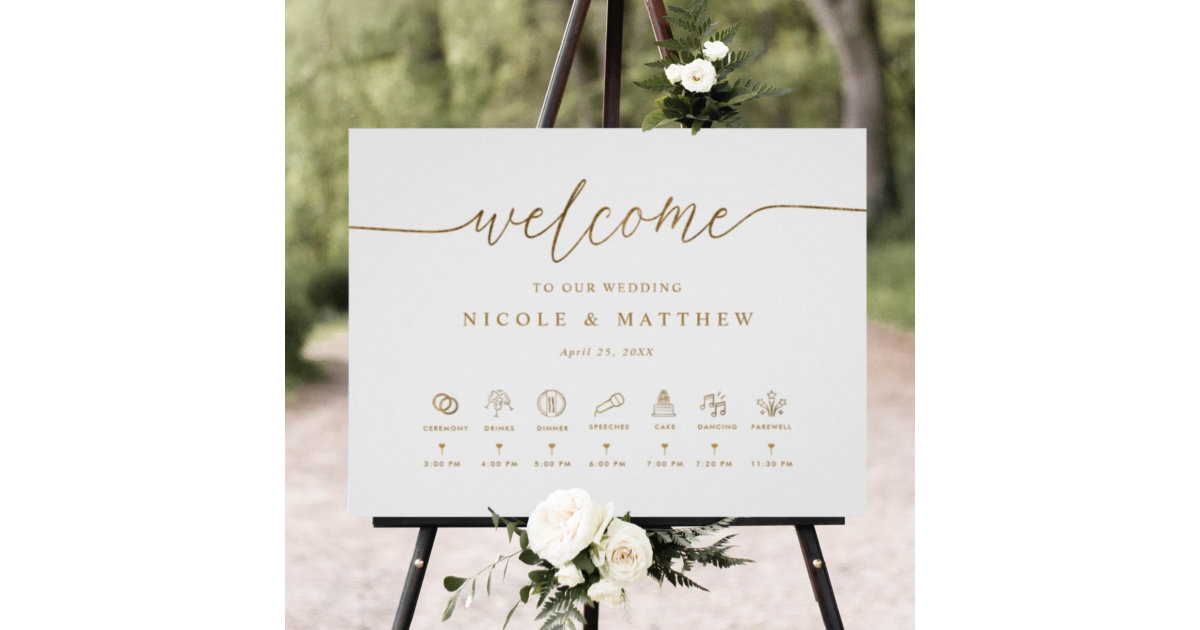 White and Gold Wedding Welcome Sign with Timeline | Zazzle