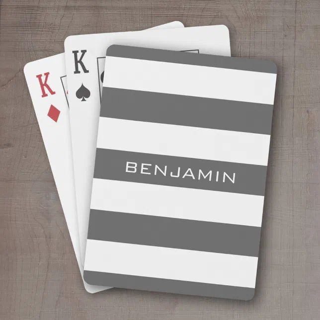 White and Gray Rugby Stripes with Custom Name Poker Cards | Zazzle
