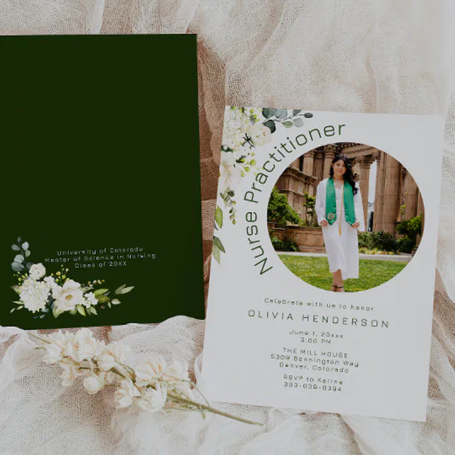 White and Green Floral Photo Graduation Invitation | Zazzle