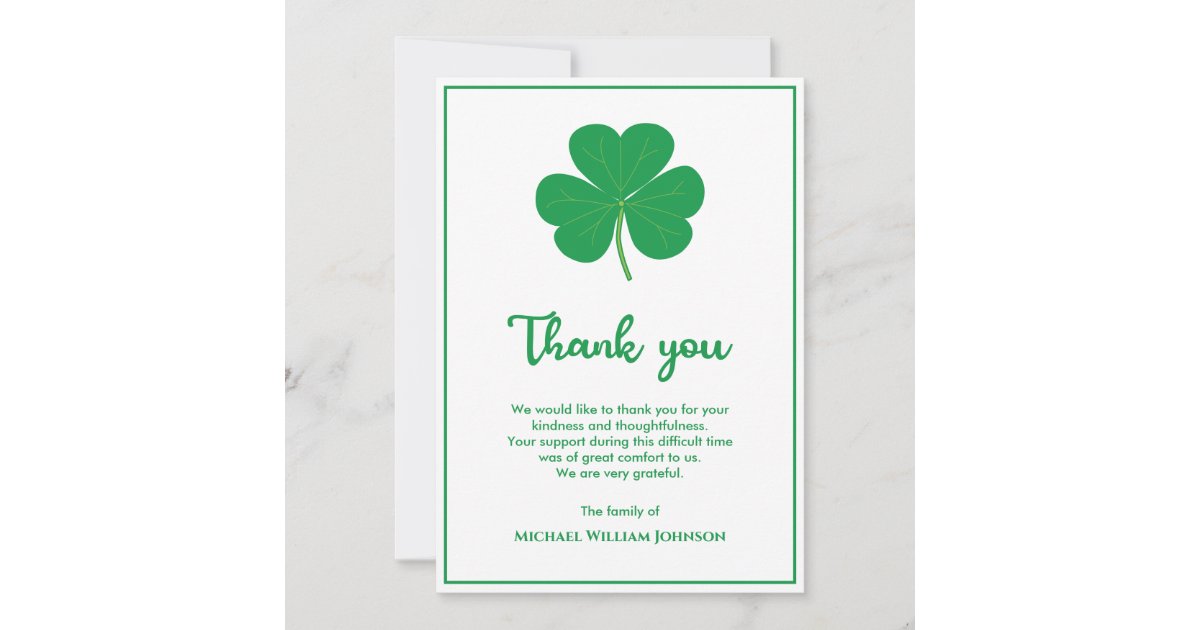 White And Green Shamrock Clover Irish Funeral Thank You Card | Zazzle