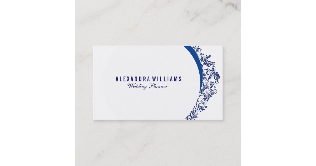 White And & Navy Blue Floral Swirl Lace Business Card | Zazzle